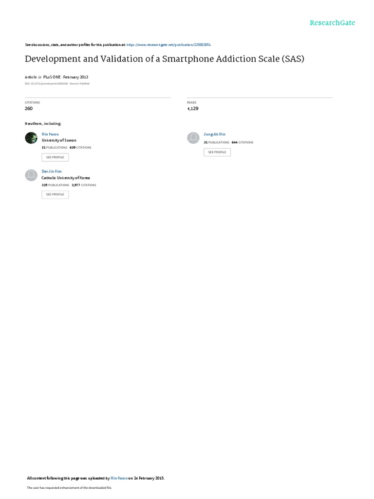 Development and Validation of A Smartphone Addiction Scale (SAS) | PDF | I Phone | Behavioural ...
