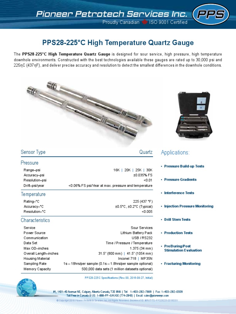 Pioneer Petrotech Services Inc.: PPS28-225°C High Temperature Quartz Gauge | PDF | Nature