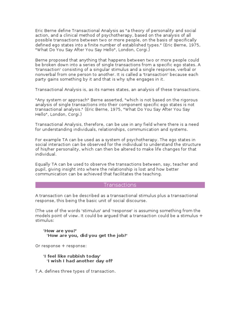 Eric Berne Define Transactional Analysis As | PDF | Emergence ...