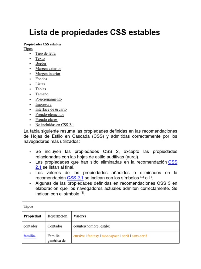 Lista de Propiedades CSS Estables | PDF | Hojas de estilo en cascada ...