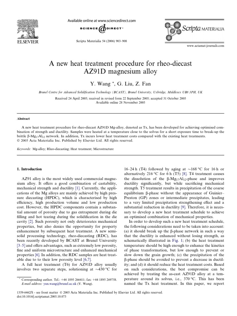 A New Heat Treatment Procedure For Rheo-Diecast AZ91D Magnesium Alloy ...