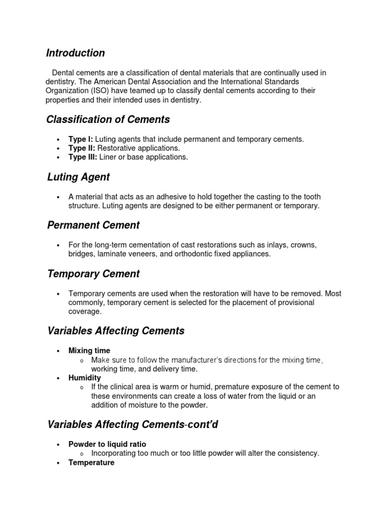 Type I: Luting Agents That Include Permanent and Temporary Cements ...