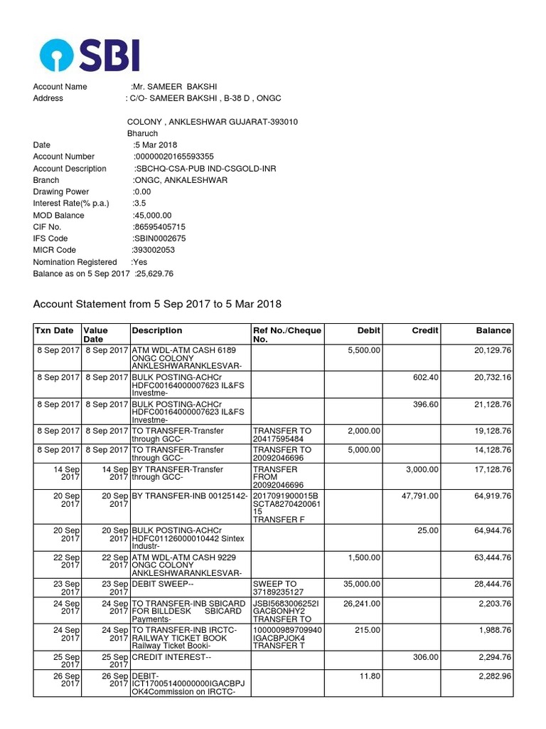 Account Statement From 5 Sep 2017 To 5 Mar 2018: TXN Date Value Date Description Ref No./Cheque ...