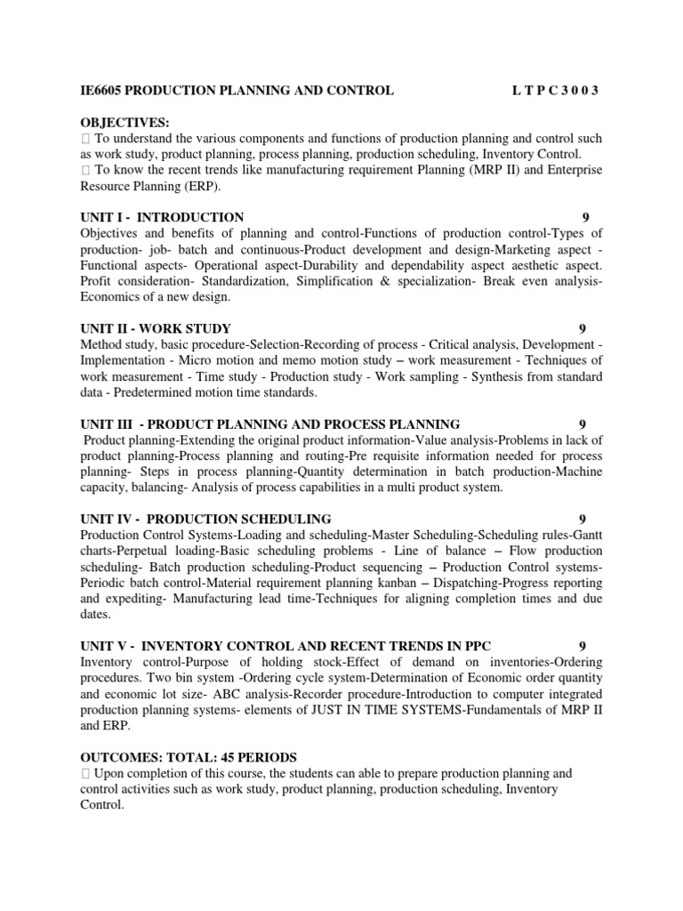 Ie6605 Production Planning and Control L T P C 3 0 0 3 | PDF ...