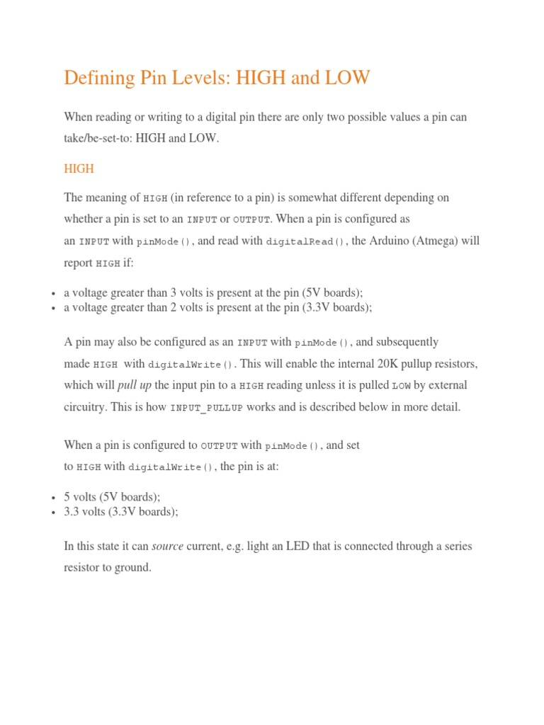 Defining Pin Levels: High and Low: High Input Output Input Pinmode ...