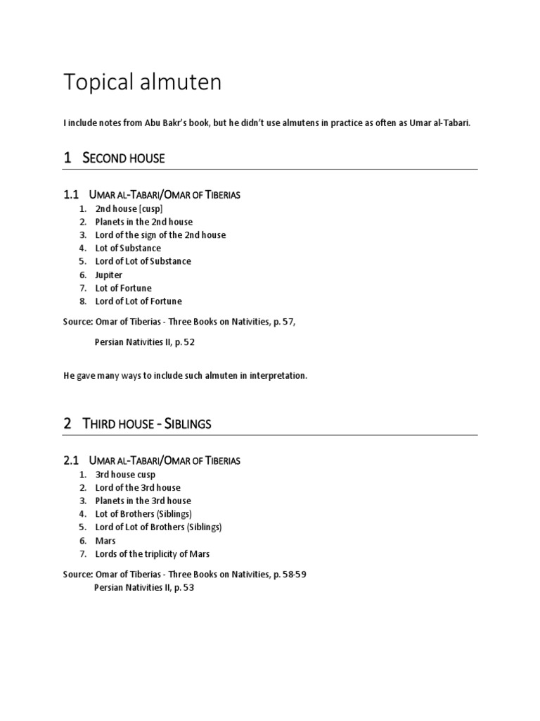 Topical Almuten: Econd House 1.1 U - T /O T | PDF | Umar | Planets