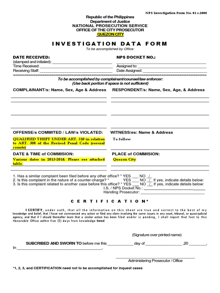 Investigation Data Form - Office of The City Prosecutor | Download Free ...