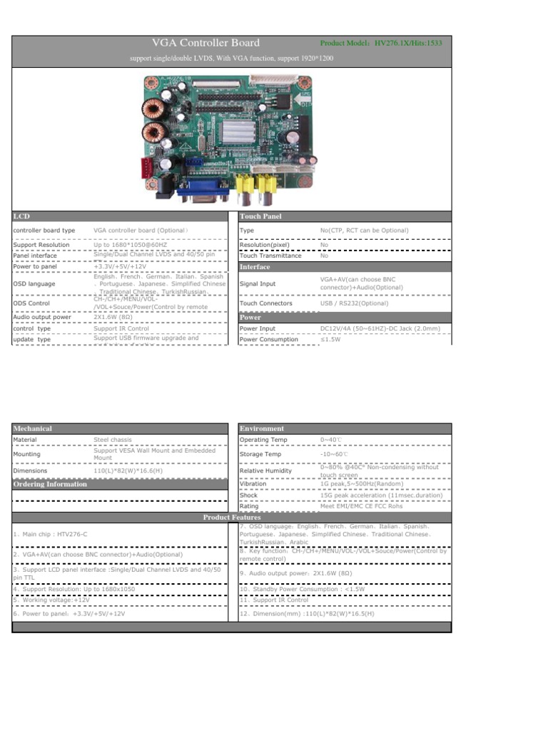 VGA Controller Board: Support Single/double LVDS, With VGA Function ...