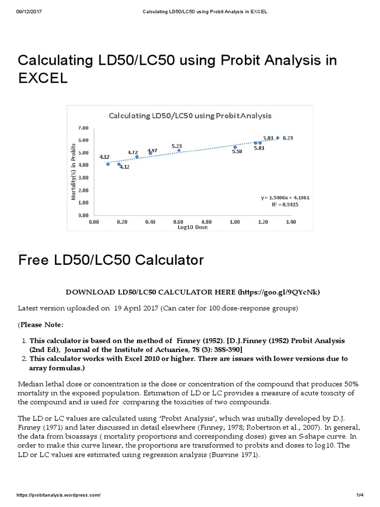 Calculating LD50/LC50 using Probit Analysis in Excel