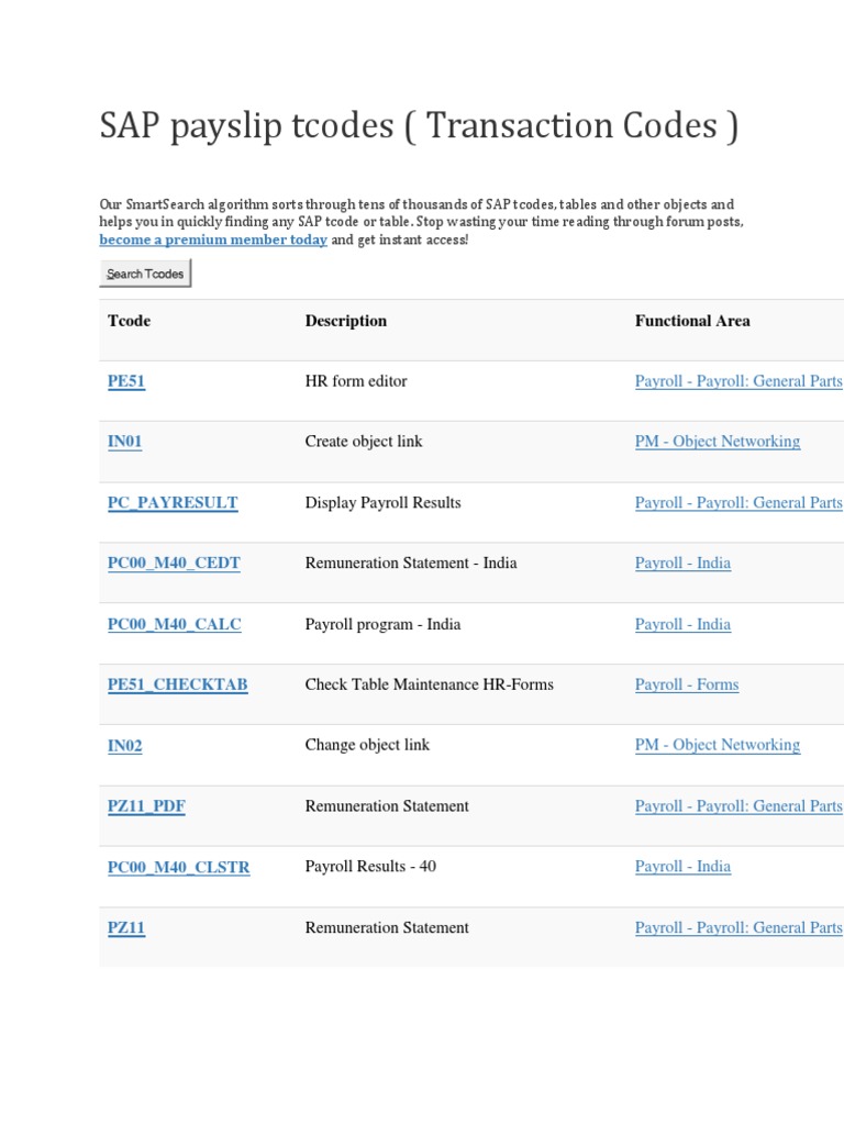 SAP Payslip Tcodes (Transaction Codes) : Tcode Description Functional Area | PDF