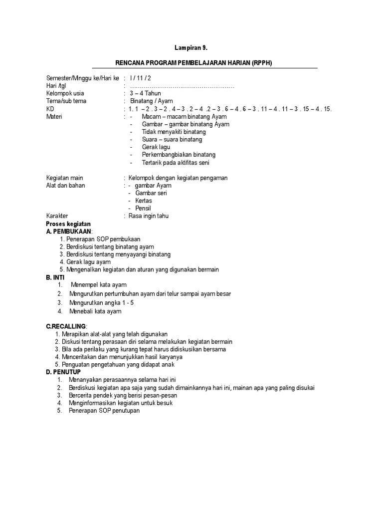 RPPH Tema Binatang Usia 3-4 Tahun | PDF