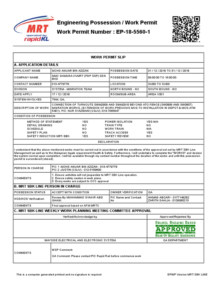 Engineering Possession / Work Permit Work Permit Number: EP-18-5560-1 | PDF