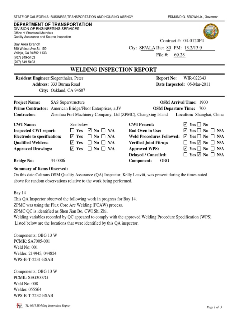 Caltrans Welding Inspection Report for SAS Superstructure | PDF ...