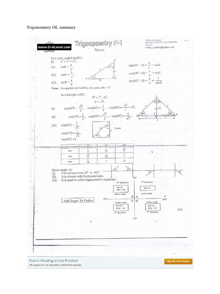 Trigonometry OL Summary | PDF