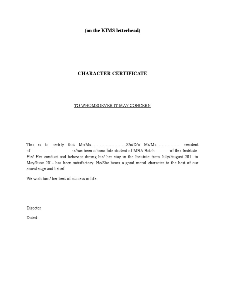 Character Certificate Kims Mba | PDF