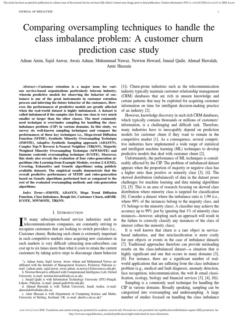 Comparing Oversampling Techniques for Class Imbalance in Customer Churn Prediction | PDF ...