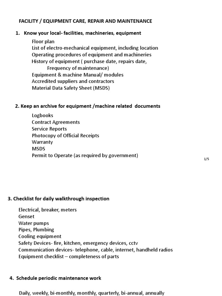 Facility / Equipment Care, Repair and Maintenance 1. Know Your Local ...
