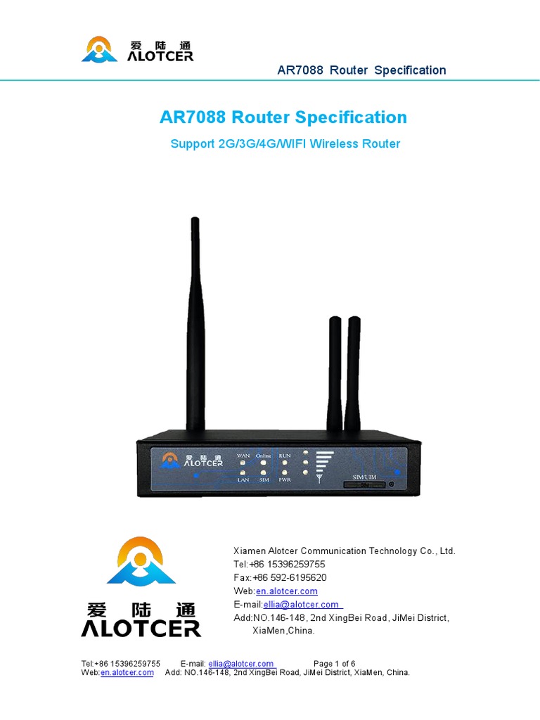 Alotcer Industrial Router AR7088 Router Specification | PDF | Wi Fi ...
