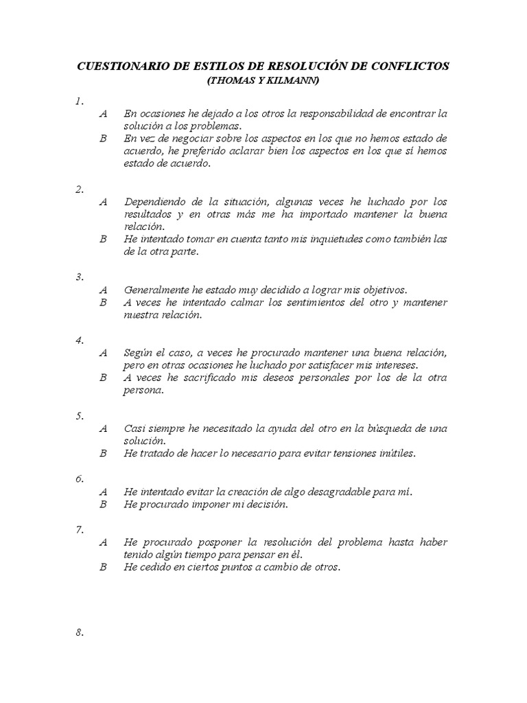 Cuestionario de Estilos de Resolución de Conflictos | PDF | Negociación ...
