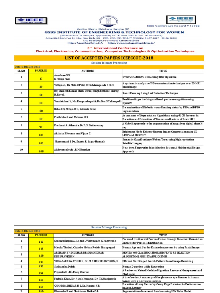 List of Accepted Papers Iceeccot-2018: Session 1: Image Processing Date: 14th Dec 2018 | PDF ...