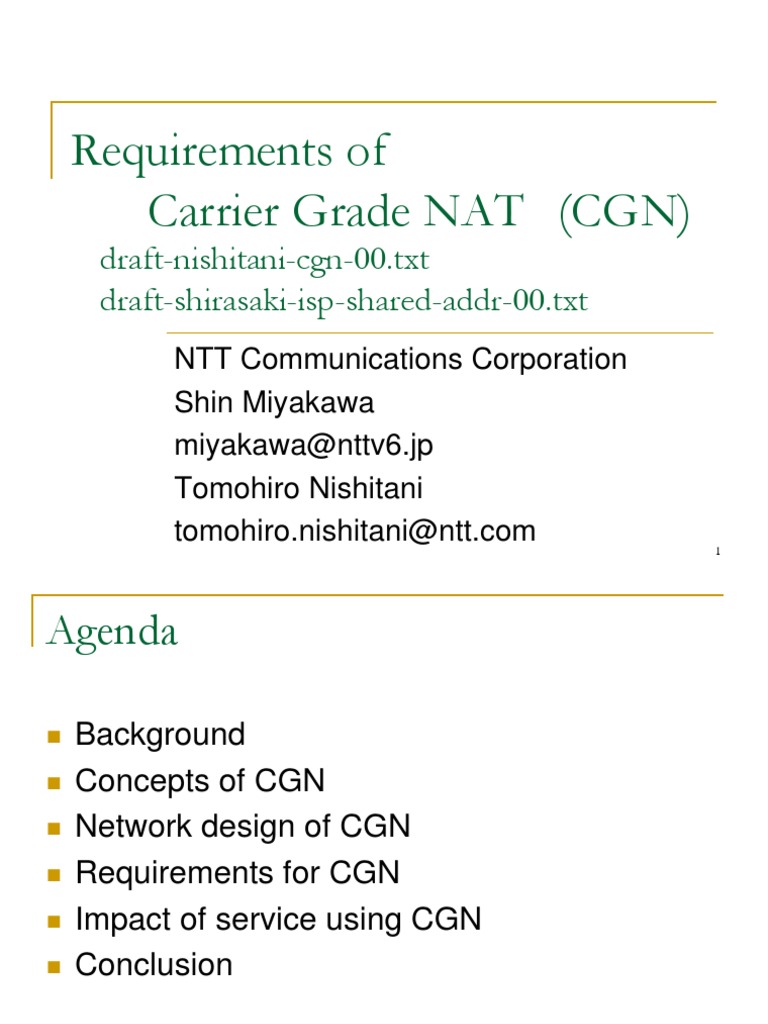 Requirements of Carrier Grade NAT (CGN) : Draft-Nishitani-Cgn-00.txt ...