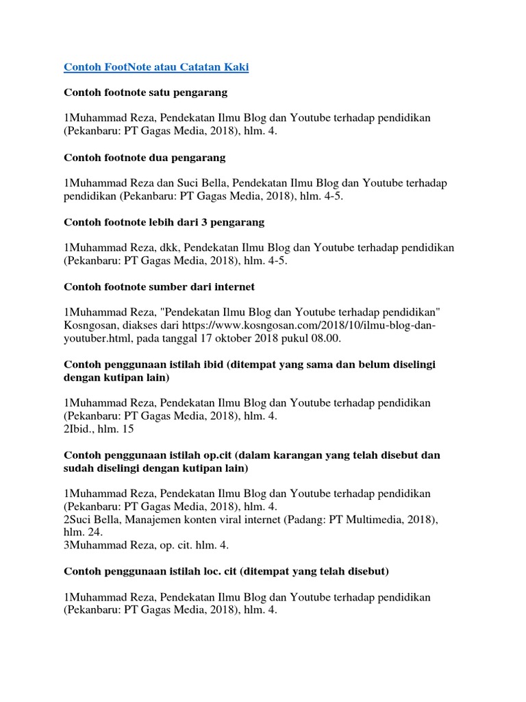 Contoh FootNote Atau Catatan Kaki Pada Karya Tulis Makalah | PDF
