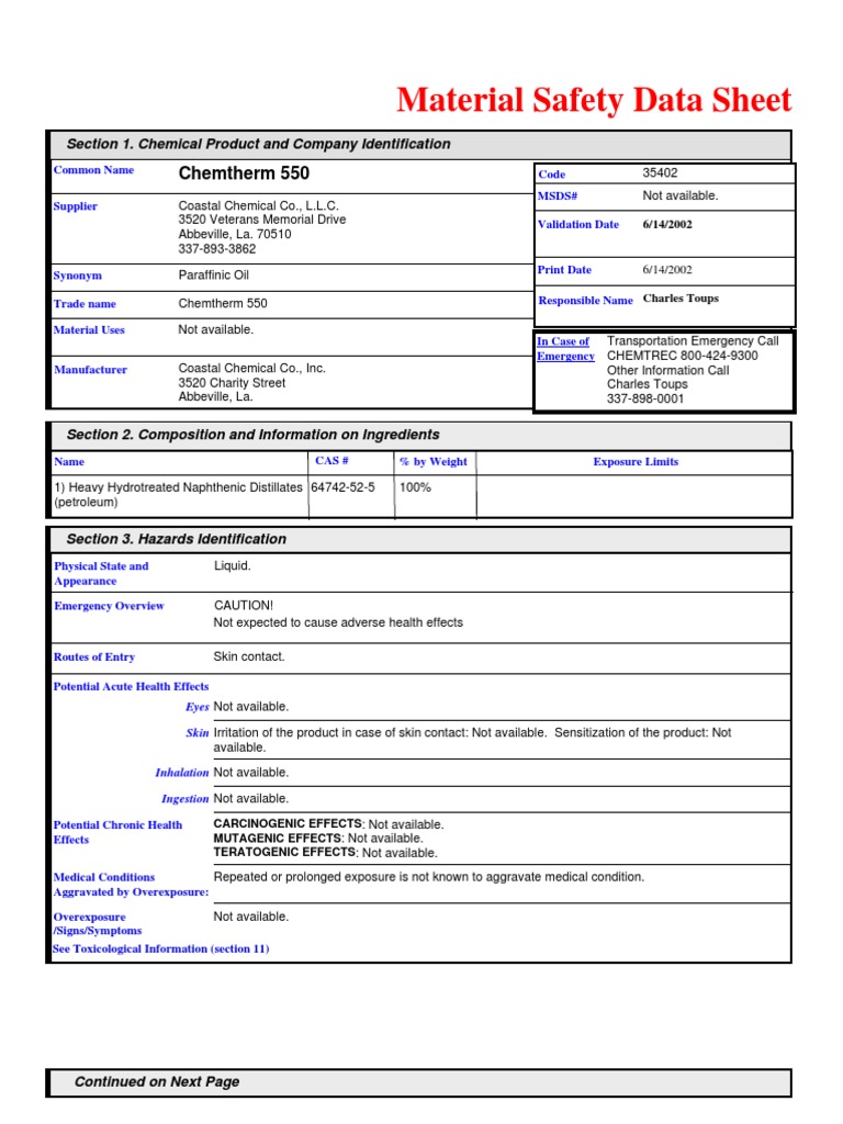 Material Safety Data Sheet: Chemtherm 550 | PDF | Toxicity | Fires