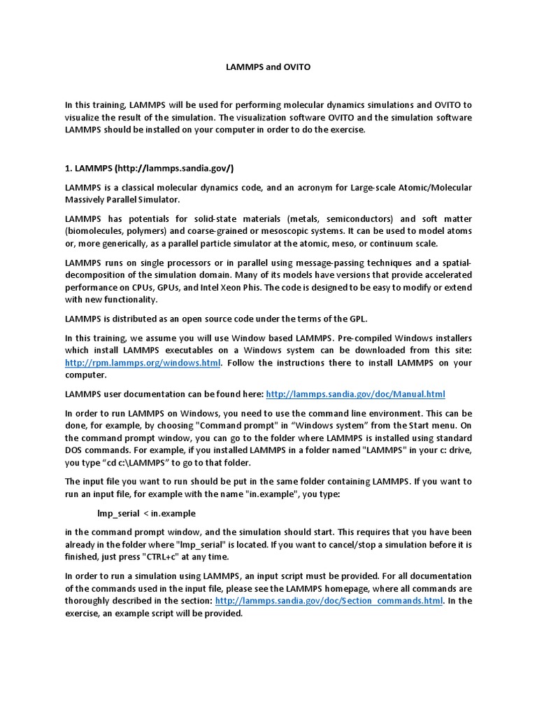 Introduction To LAMMPS and OVITO | PDF | Molecular Dynamics | Simulation