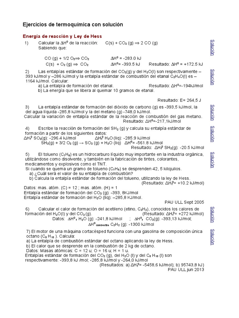 Ejercicios Termoquimica Con Solucion PDF | PDF | Entalpía | Combustión