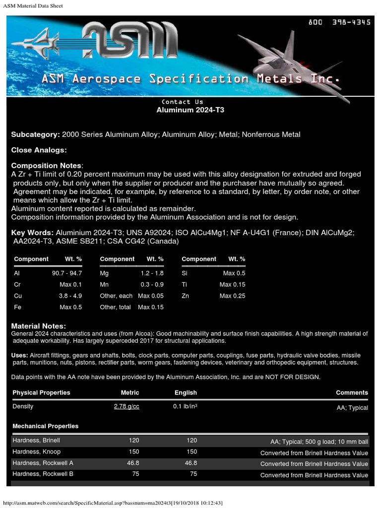 2024-T3 ASM Material Data Sheet PDF | Download Free PDF | Ultimate Tensile Strength | Strength ...