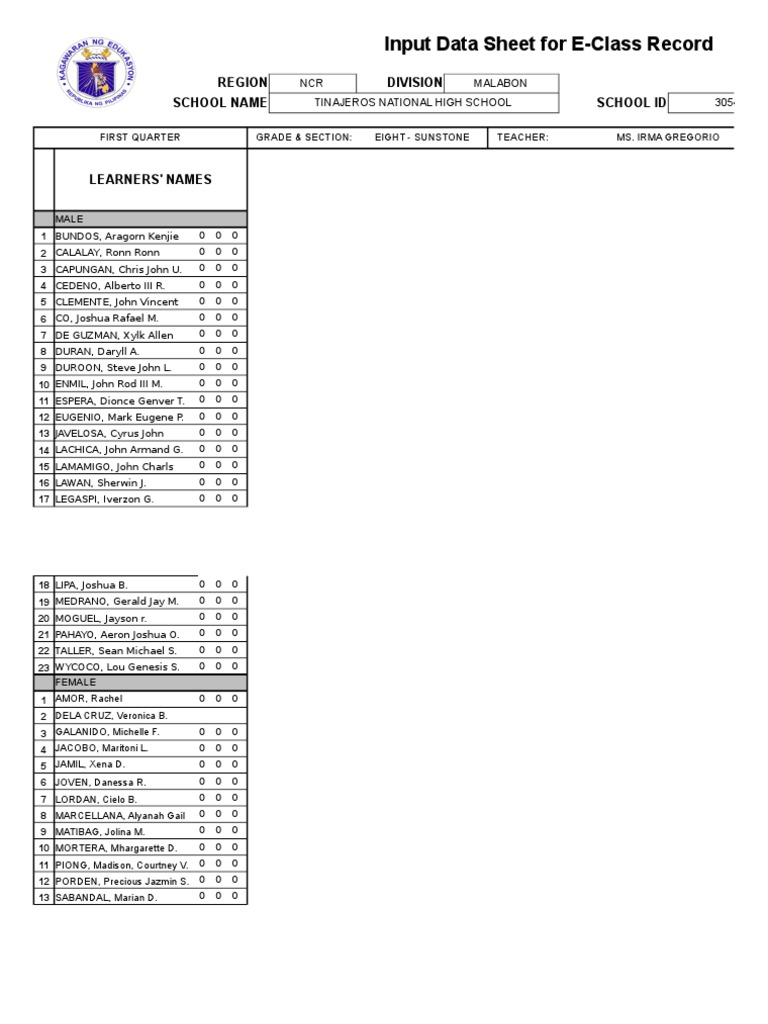 Input Data Sheet For E-Class Record: Region Division School Name School Id | PDF | Behavior ...