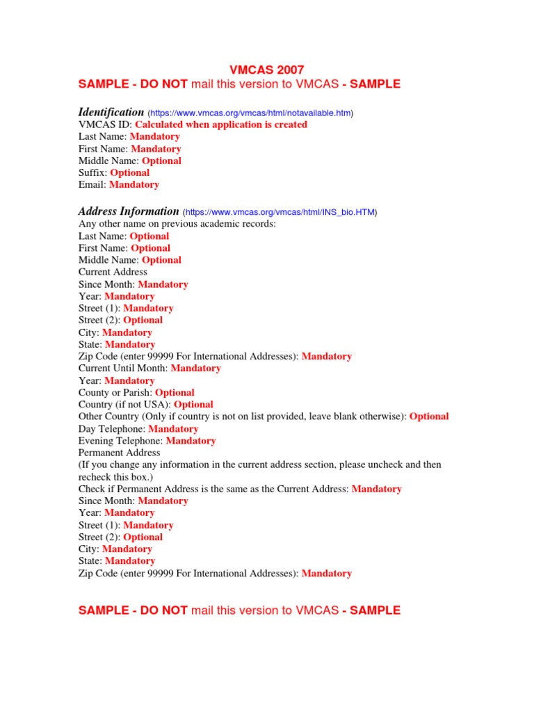 Identification: VMCAS 2007 SAMPLE - DO NOT Mail This Version To VMCAS ...