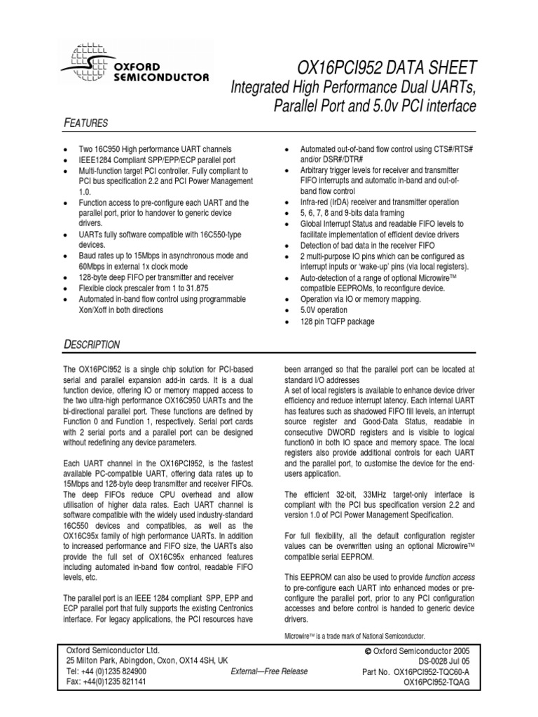 Ox16Pci952 Data Sheet: Integrated High Performance Dual Uarts, Parallel ...