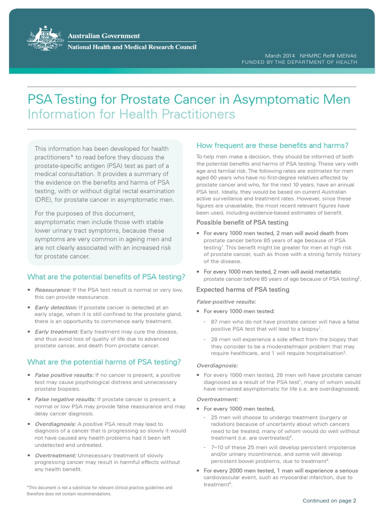 PSA Testing For Prostate Cancer in Asymptomatic Men: Information For ...