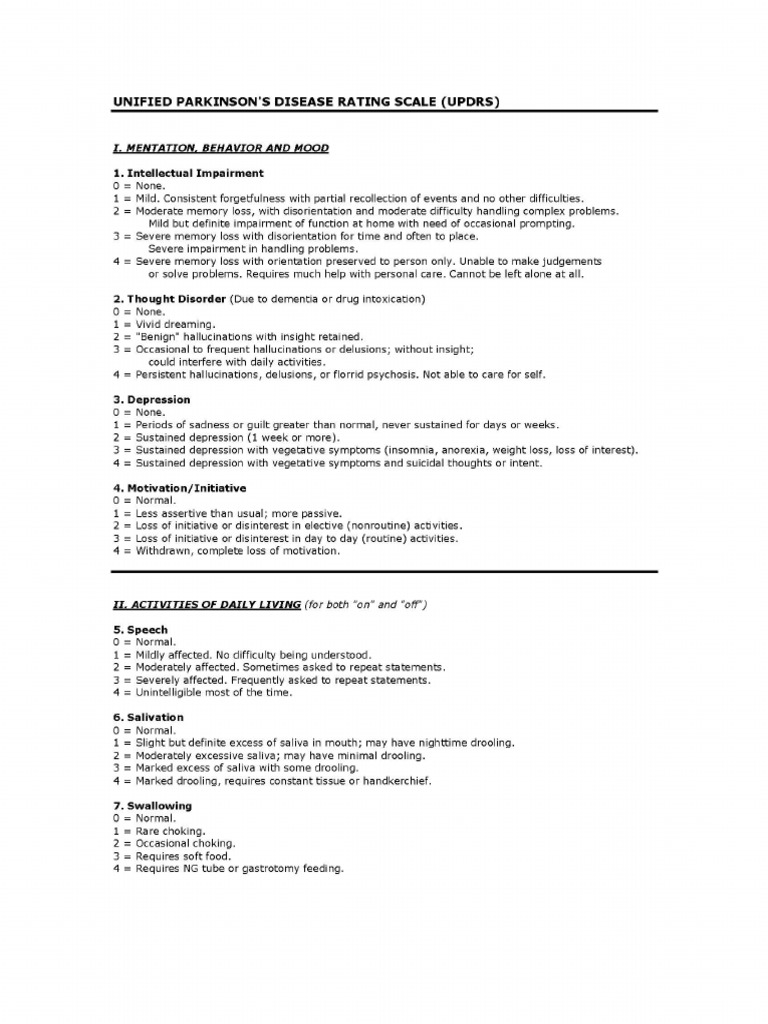 Unified Parkinson's Disease Rating Scale (UPDRS) PDF | PDF