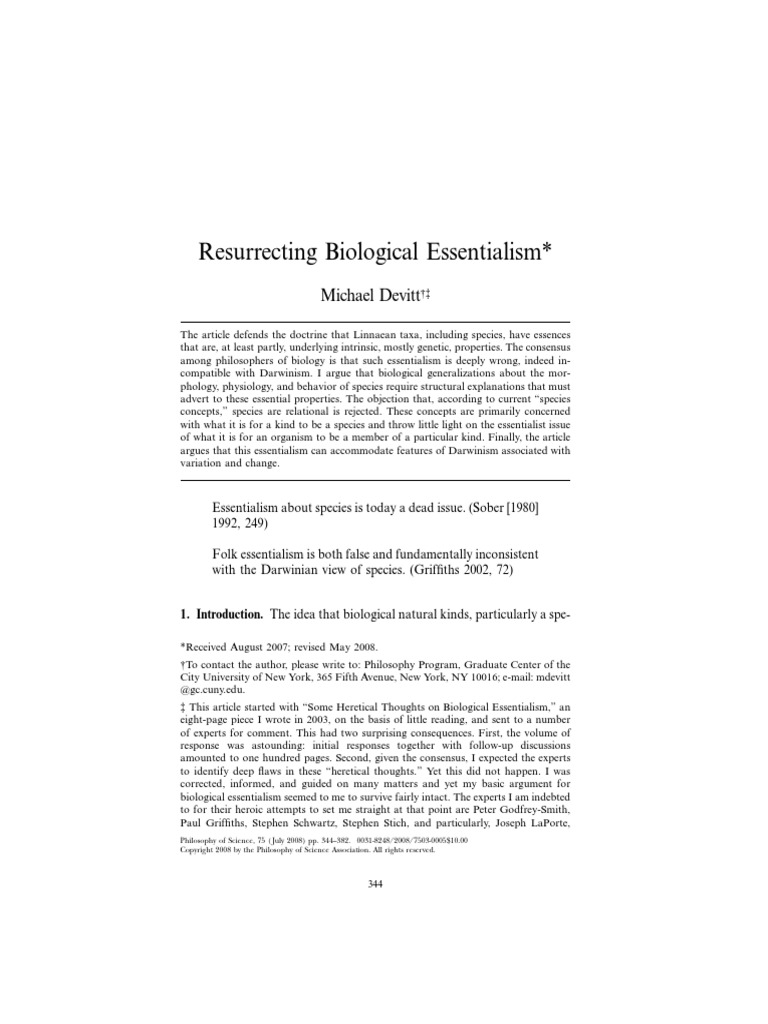 Devitt - Resurrecting Biological Essentialism | PDF | Essentialism ...