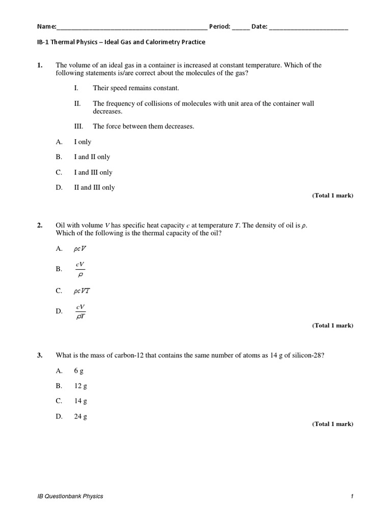 IB-1 Ideal Gas & Calorimetry Practice | PDF | Latent Heat | Gases