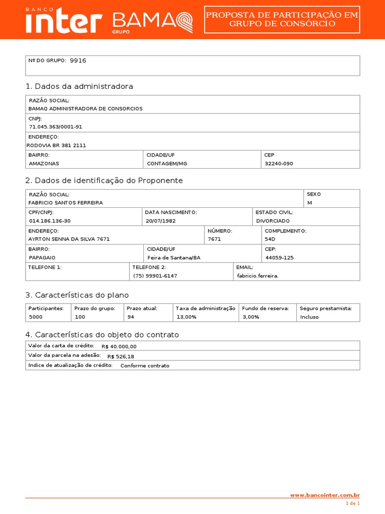 Proposta de adesão a consórcio de veículos com detalhamento do plano, características do ...