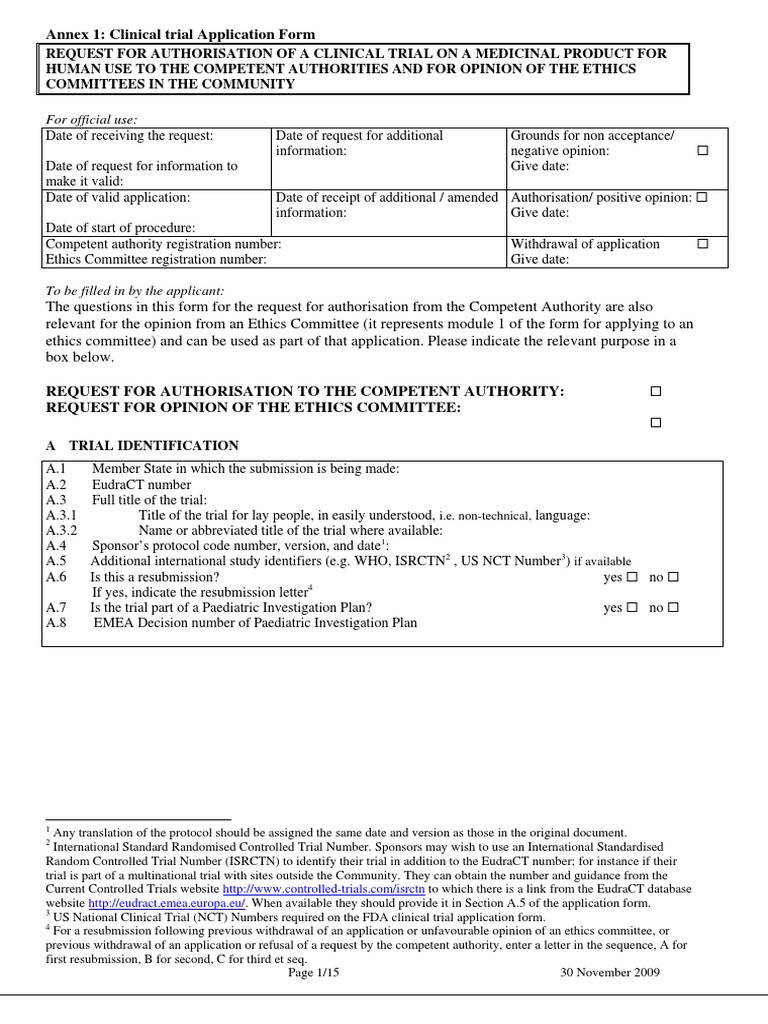 Annex 1: Clinical Trial Application Form: For Official Use | PDF ...