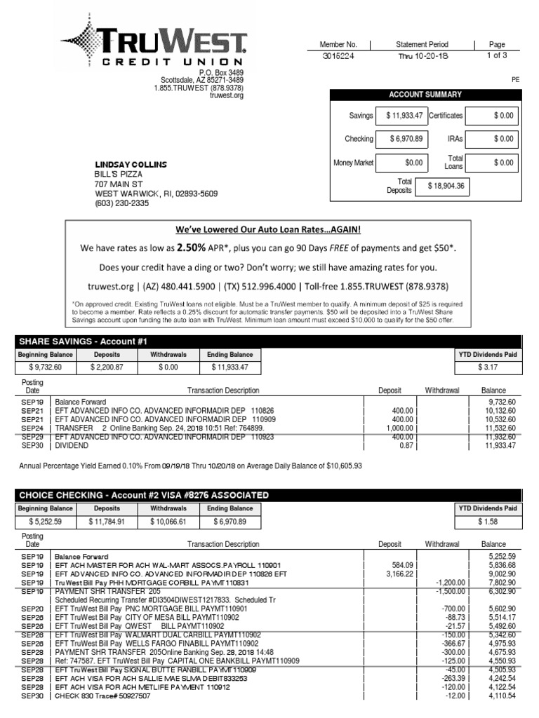 TruWest Bank Statmement | PDF | Debits And Credits | Financial Transaction