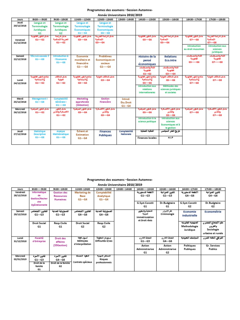 Programmes Des Examens - Session Automne-Année Universitaire 2018/2019 ...