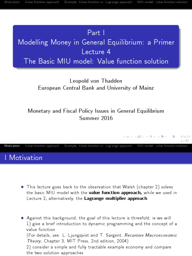 Modelling Money in General Equilibrium: A Primer The Basic MIU Model ...