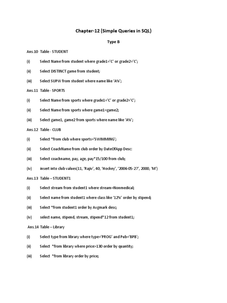 Chapter12 Solution Mysql Class XI | PDF