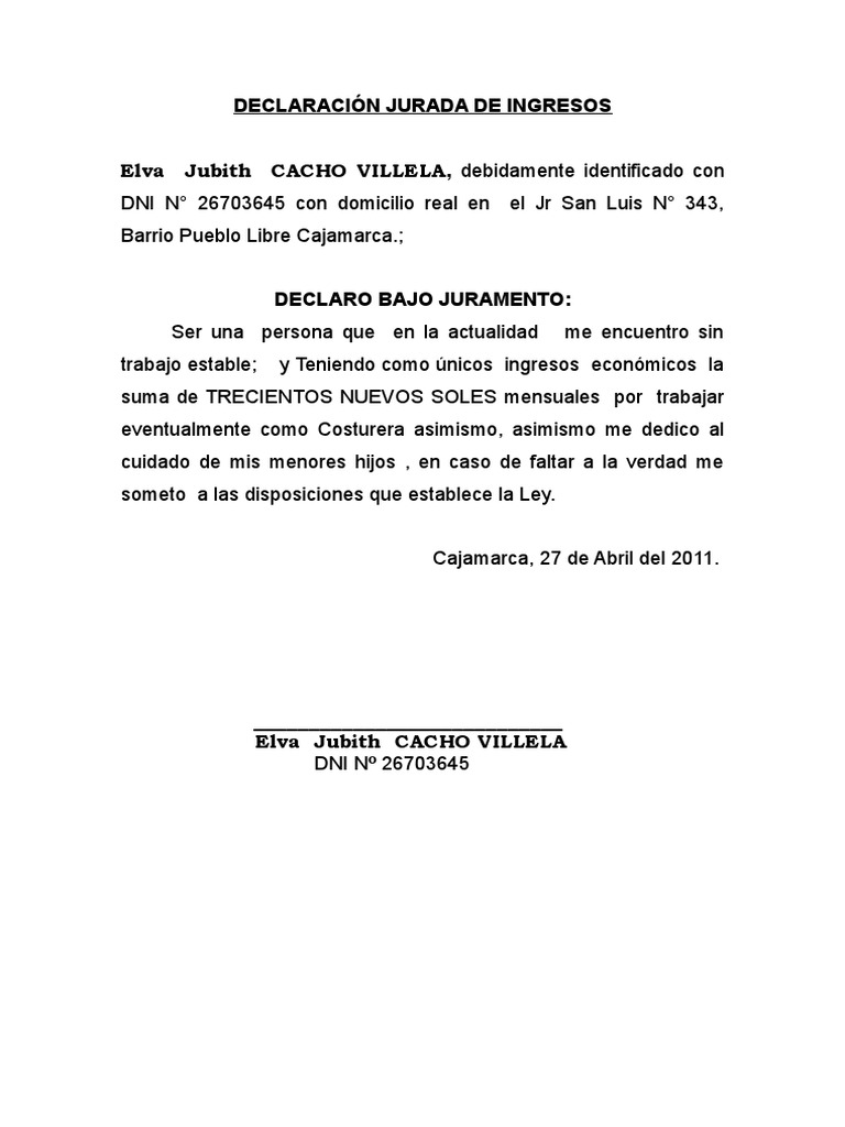 Declaración Jurada de Ingresos | PDF