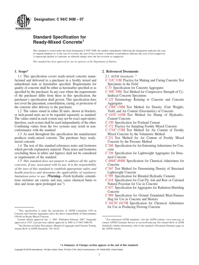 Ready-Mixed Concrete: Standard Specification For | PDF | Concrete | Cement
