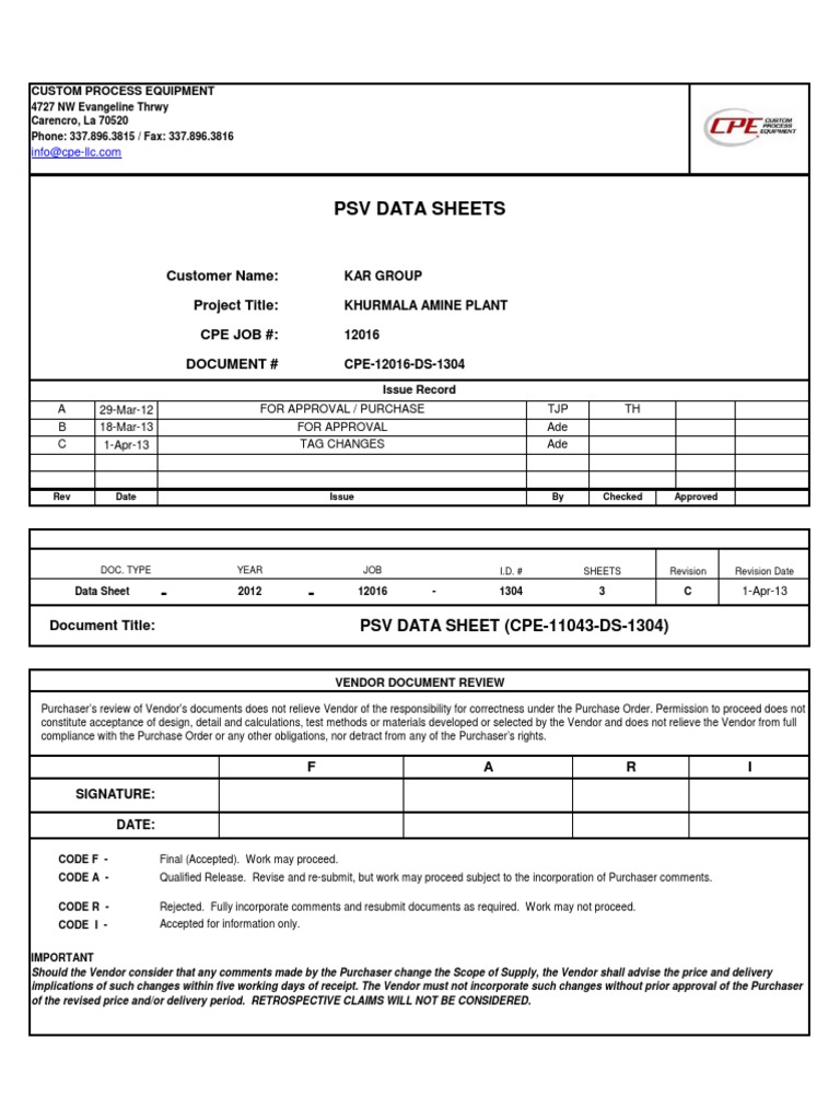 PSV Data Sheets: Customer Name | PDF | Liquids | Gases