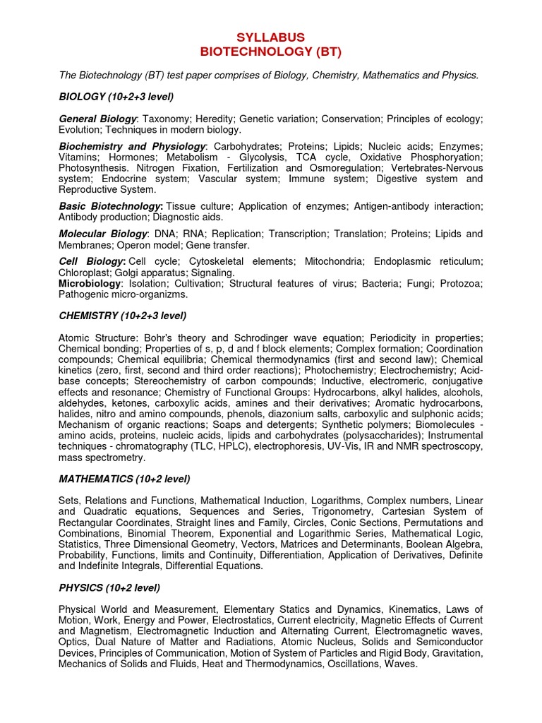 Syllabus Biotechnology (BT) : The Biotechnology (BT) Test Paper ...