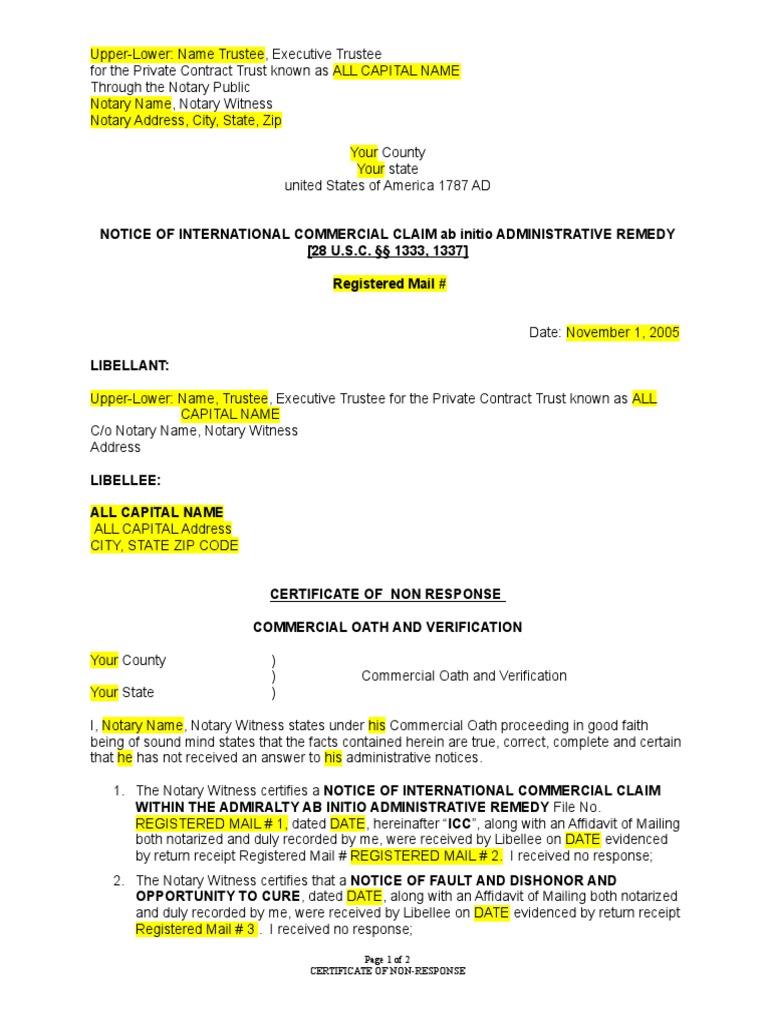 Certificate of Non-Response: Notice of International Commercial Claim ...