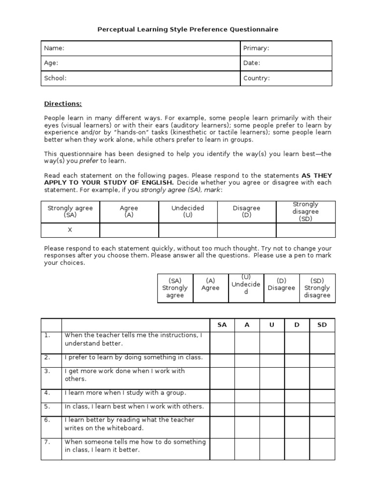 Perceptual Learning Style Preference Questionnaire Assignment | PDF | Mental Processes | Pedagogy