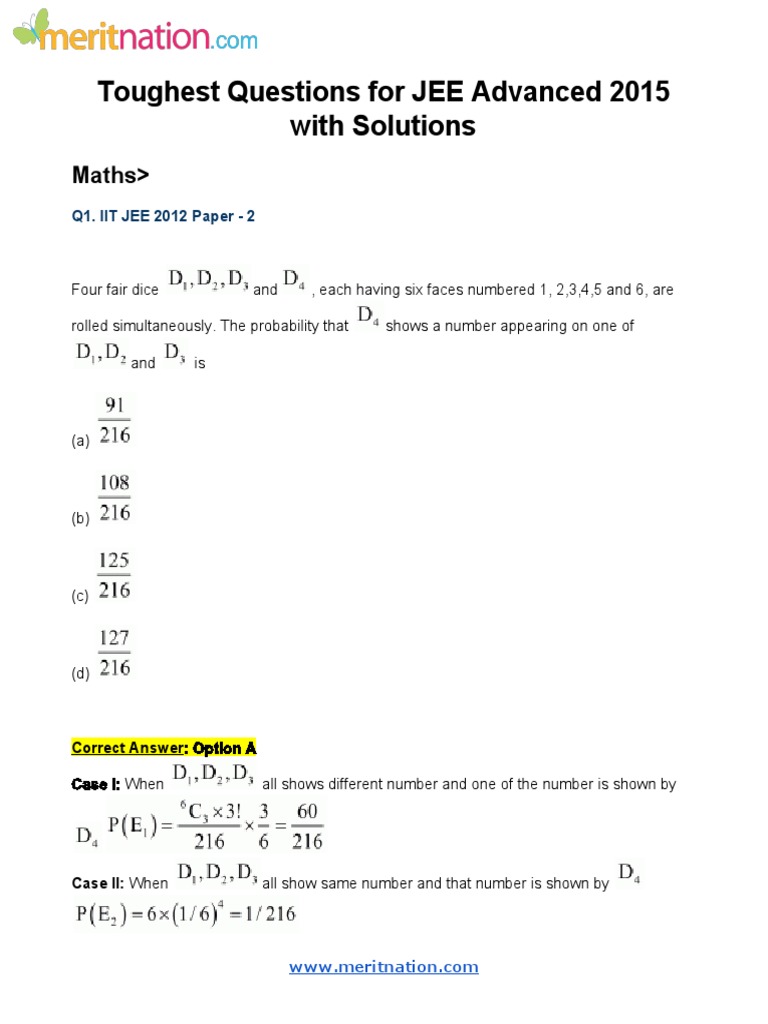 Toughest Questions For JEE Advanced 2015 With Solutions: Maths | PDF ...